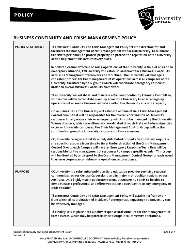CQUniversity Crisis Management Policy | PDF | Crisis Management ...