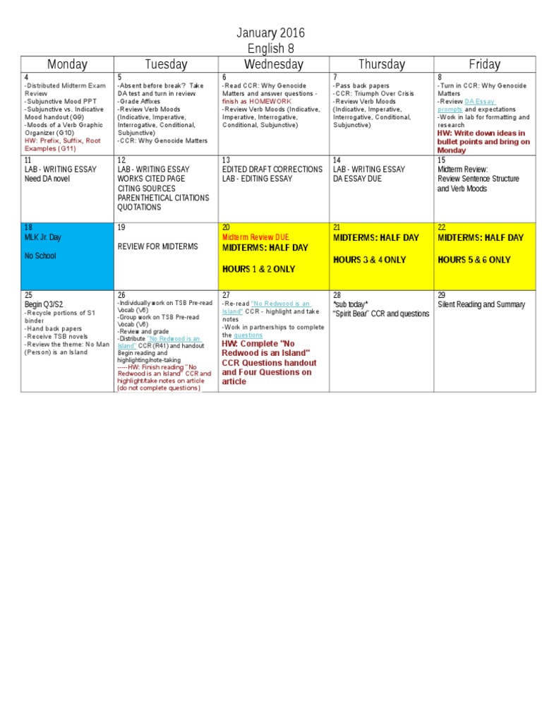 Eng 8 January 2016 Calendar | PDF | Syntactic Relationships | Syntax
