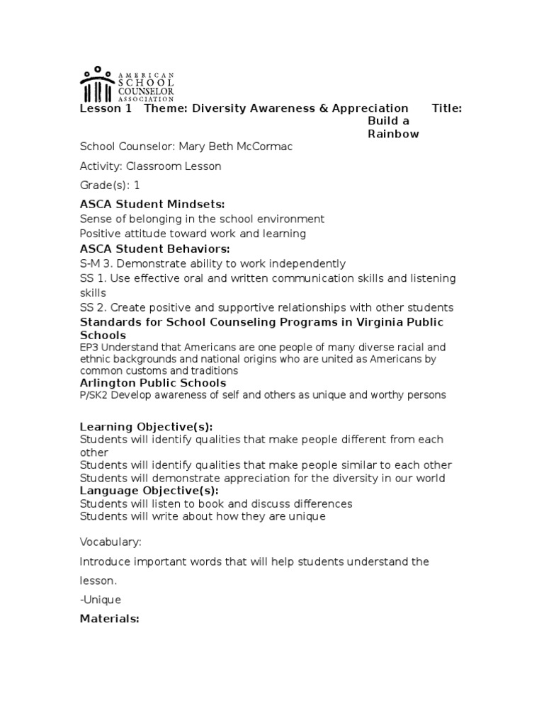 Diversity Awareness Lesson for 1st Grade | PDF | School Counselor ...