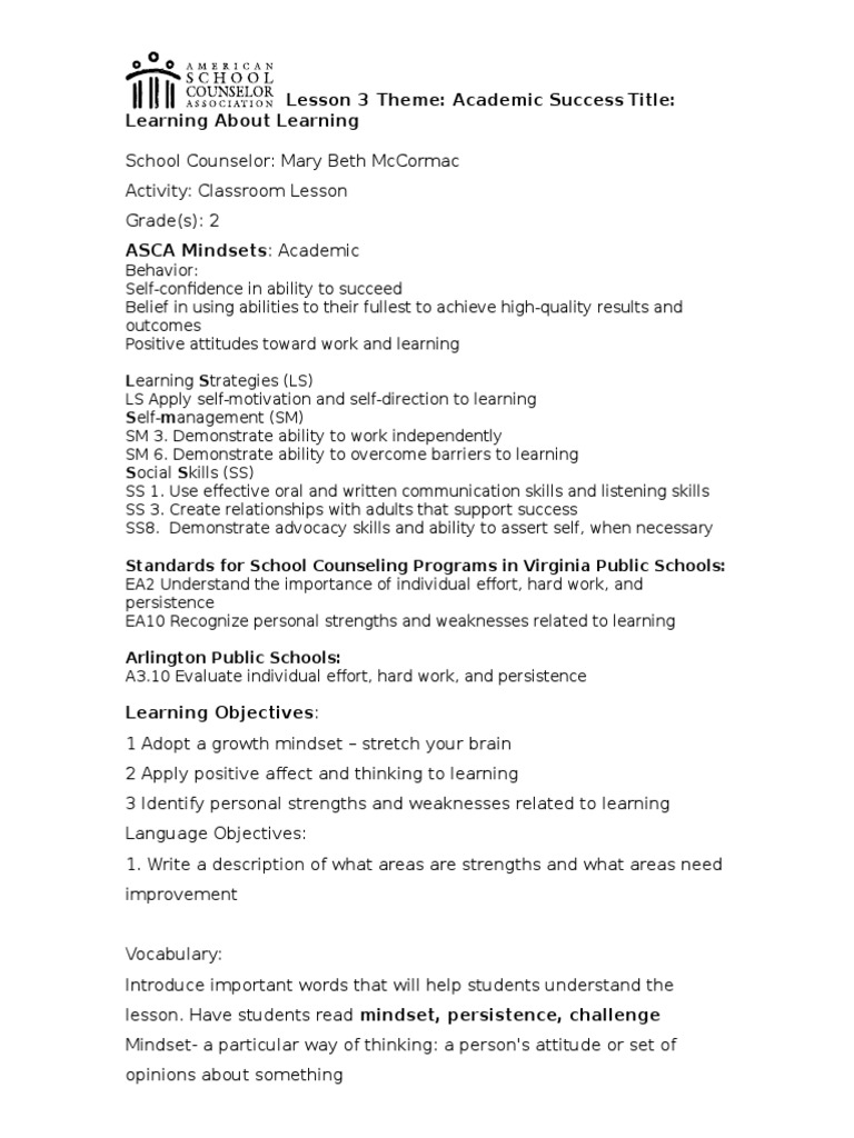 Academic Success Grade 2 Lesson Plan | PDF | School Counselor | Mindset