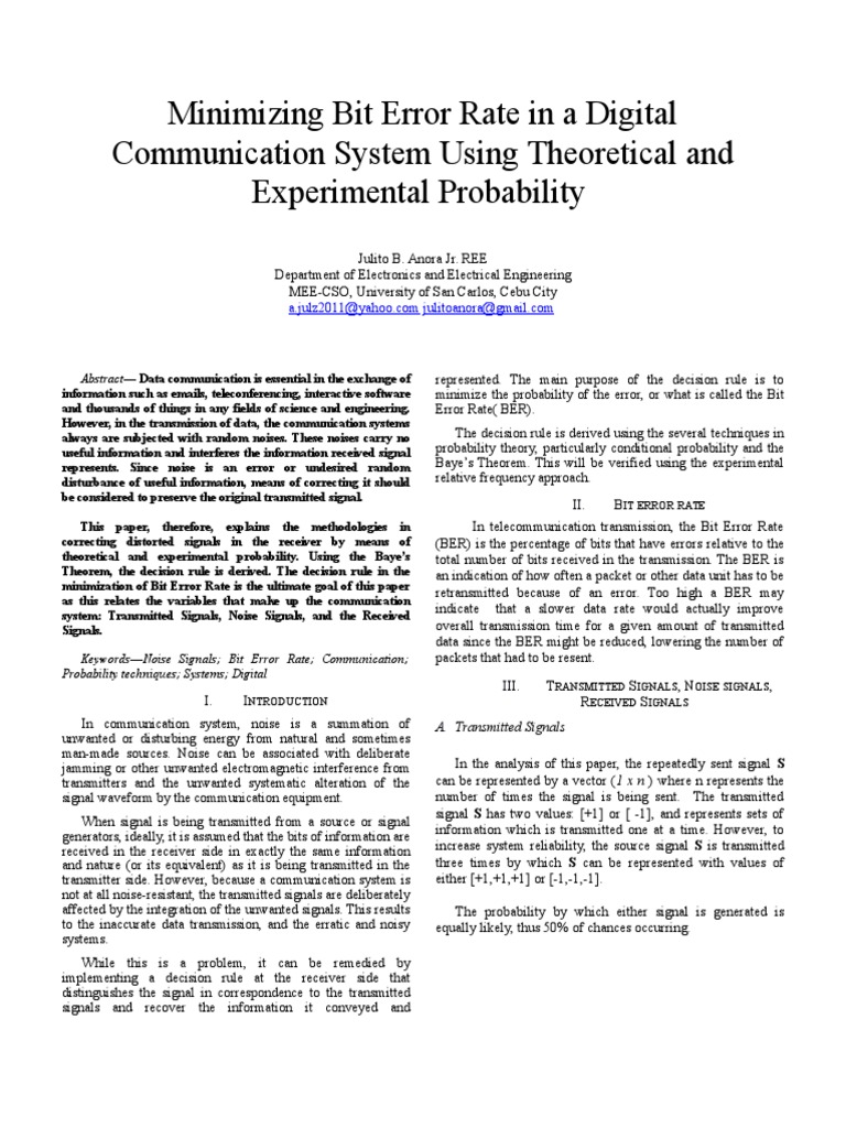 Bit Error Minimization in A Digital Communication Systems Using Theoritical and Exprerimental ...