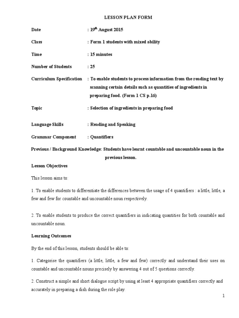 Lesson Plan Form (1) 1 | Download Free PDF | Curry | Reading (Process)