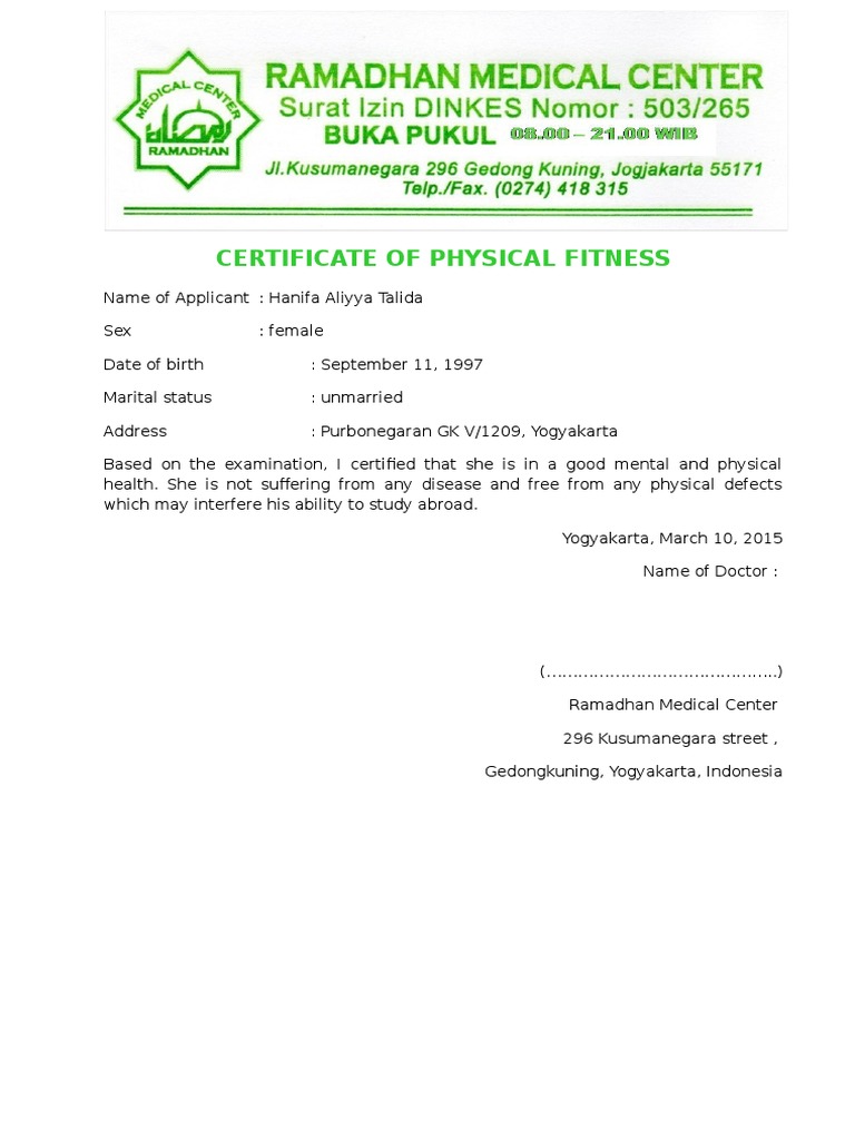 Certificate of Physical Fitness | PDF