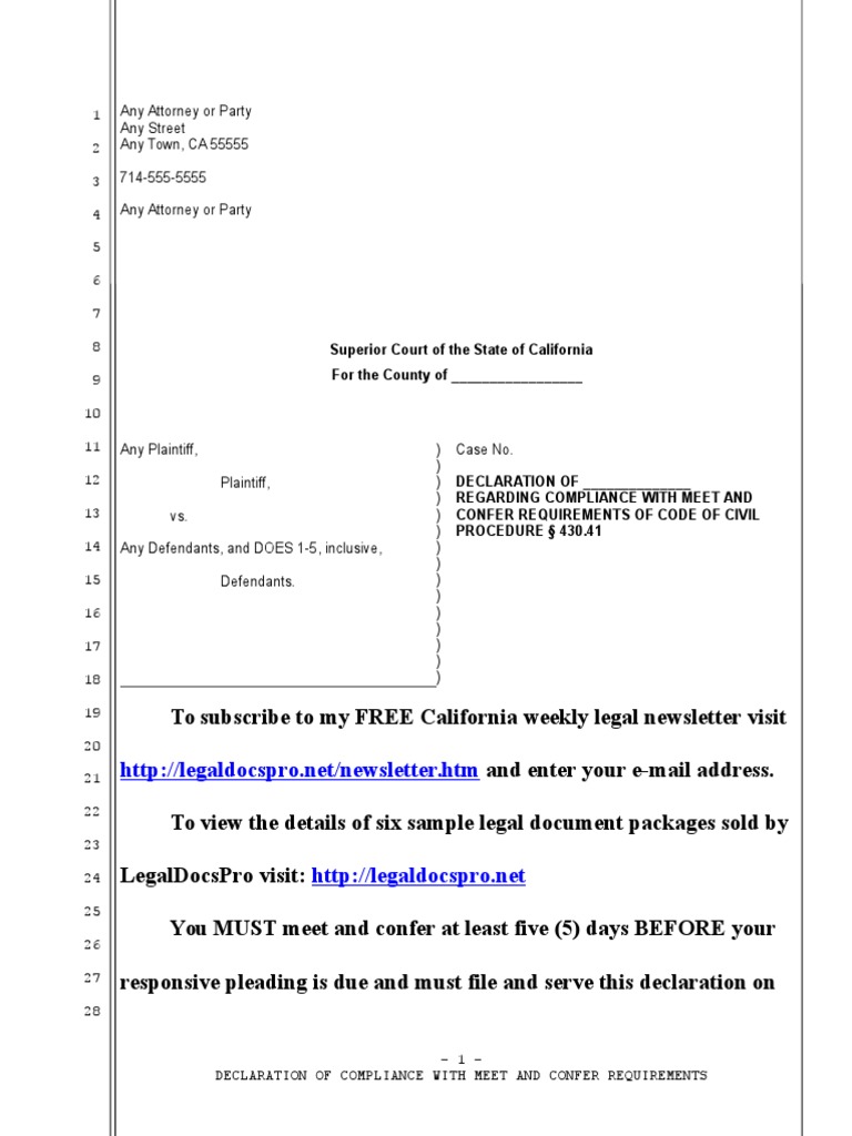 Sample Declaration of Compliance With Meet and Confer Requirement For ...
