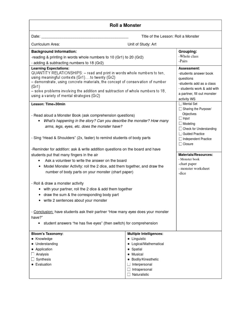 Monster Creation Math Activity | PDF