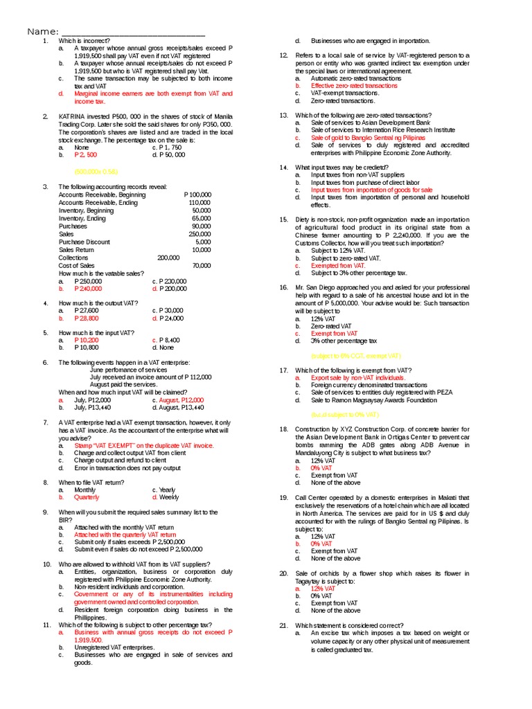 Philippine VAT Exam Questions and Answers | PDF | Value Added Tax | Taxes