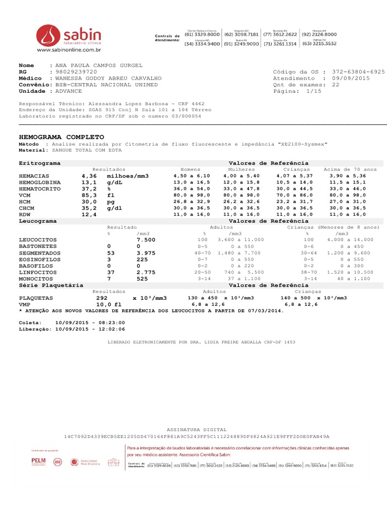Exames Sangue - SABIN | PDF | Colesterol | Medicina Clínica