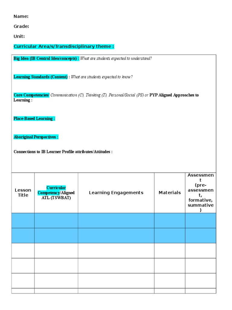 Lesson Plan Template 2016 Ib Setting-Revised Curriculum 1 | PDF ...