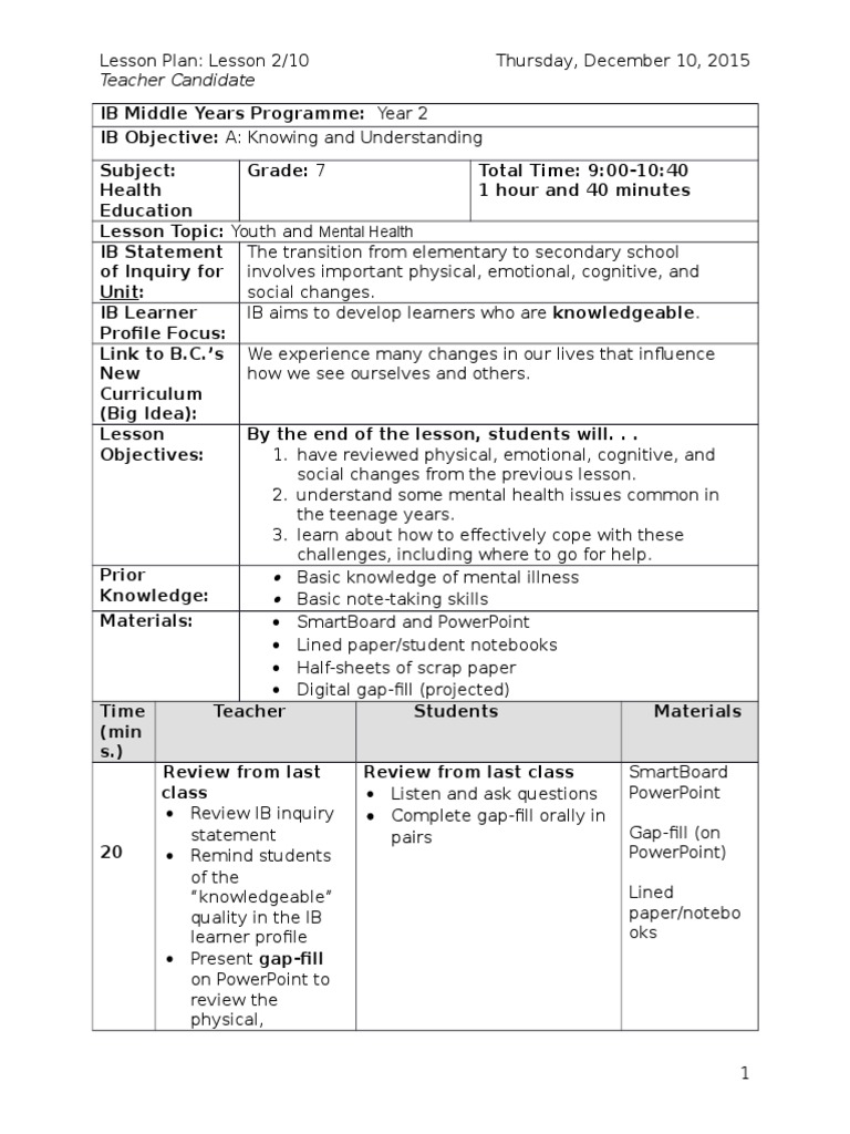 Myp Lesson Plan Example Health 1 | PDF | Mental Health | Lesson Plan