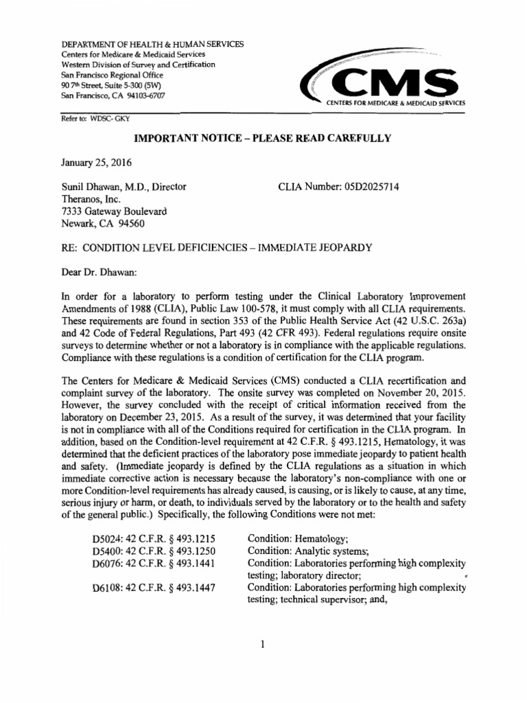 Theranos Letter CMS | PDF