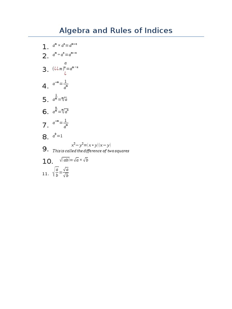 Algebra Rules and Indices Explained | PDF | Teaching Methods ...