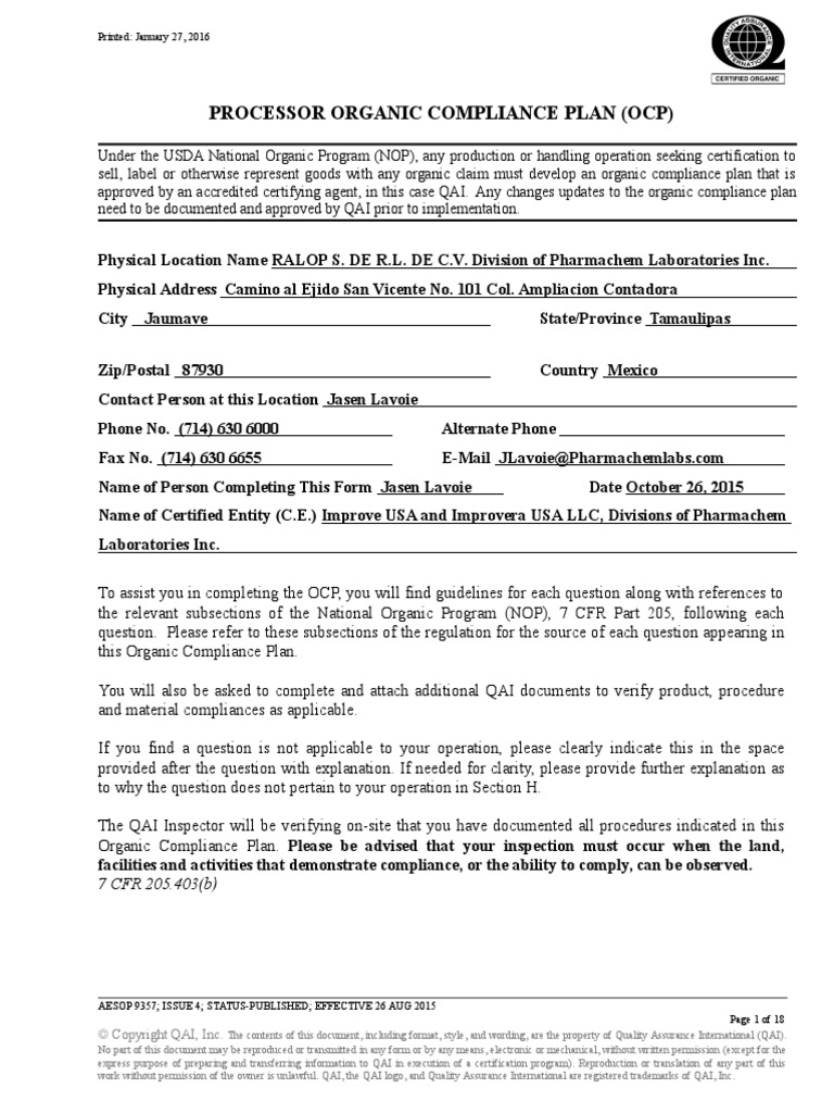 Processor Organic Compliance Plan (OCP) Matriz | PDF | Agriculture ...
