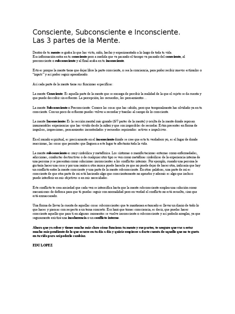 Mente: Consciente, Subconsciente e Inconsciente | PDF | Mente ...
