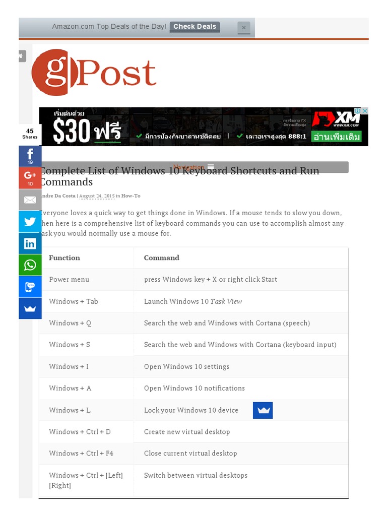 Complete List of Windows 10 Keyboard Shortcuts and Run Commands | PDF ...
