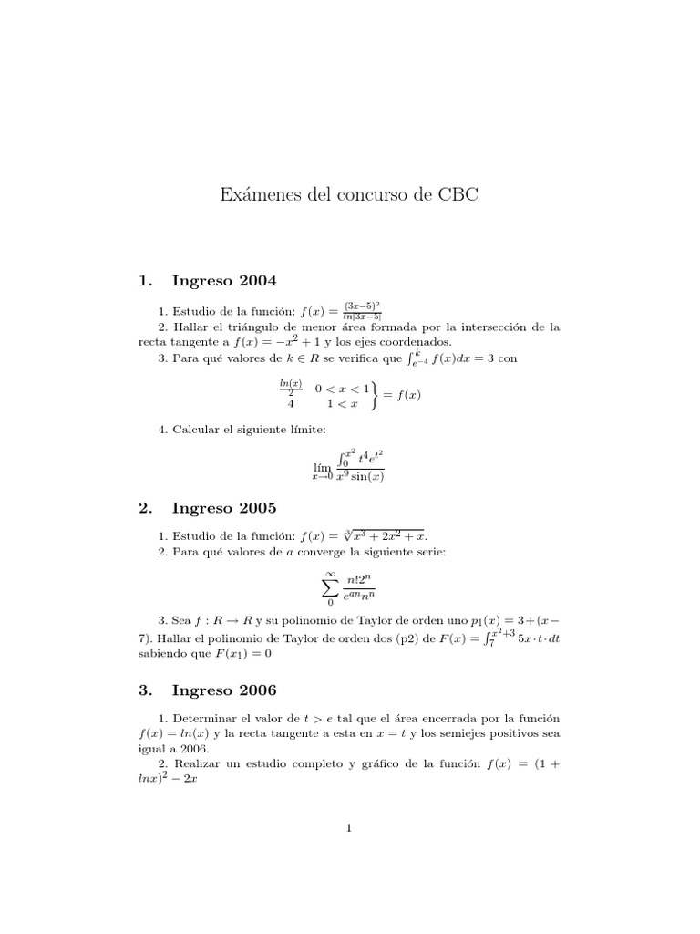 Exámenes de Matemáticas CBC 2004-2009 | PDF