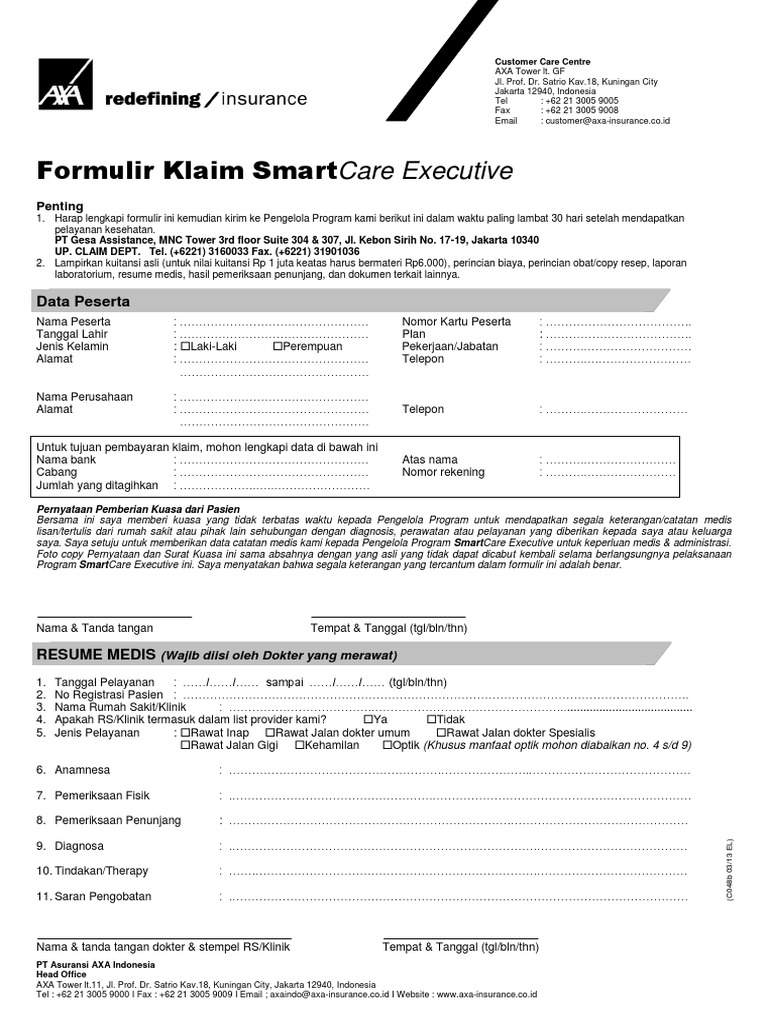 Formulir Klaim Smart Care Executive AXA | PDF