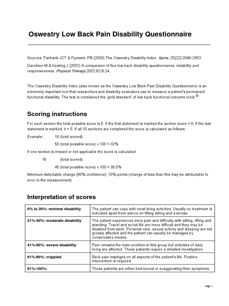 Oswestry Disability Index Overview | PDF | Back Pain | Pain