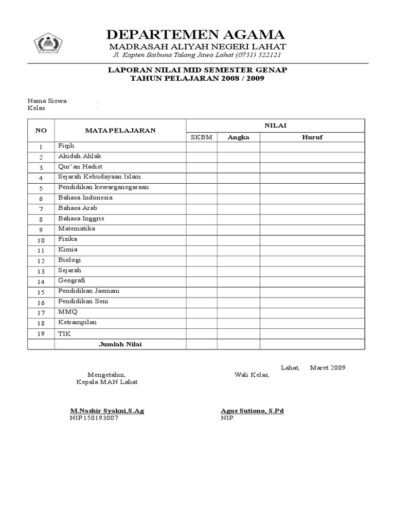 Laporan Nilai Mid Semester MAN Lahat | PDF | Perjalanan | Kajian Bahasa ...