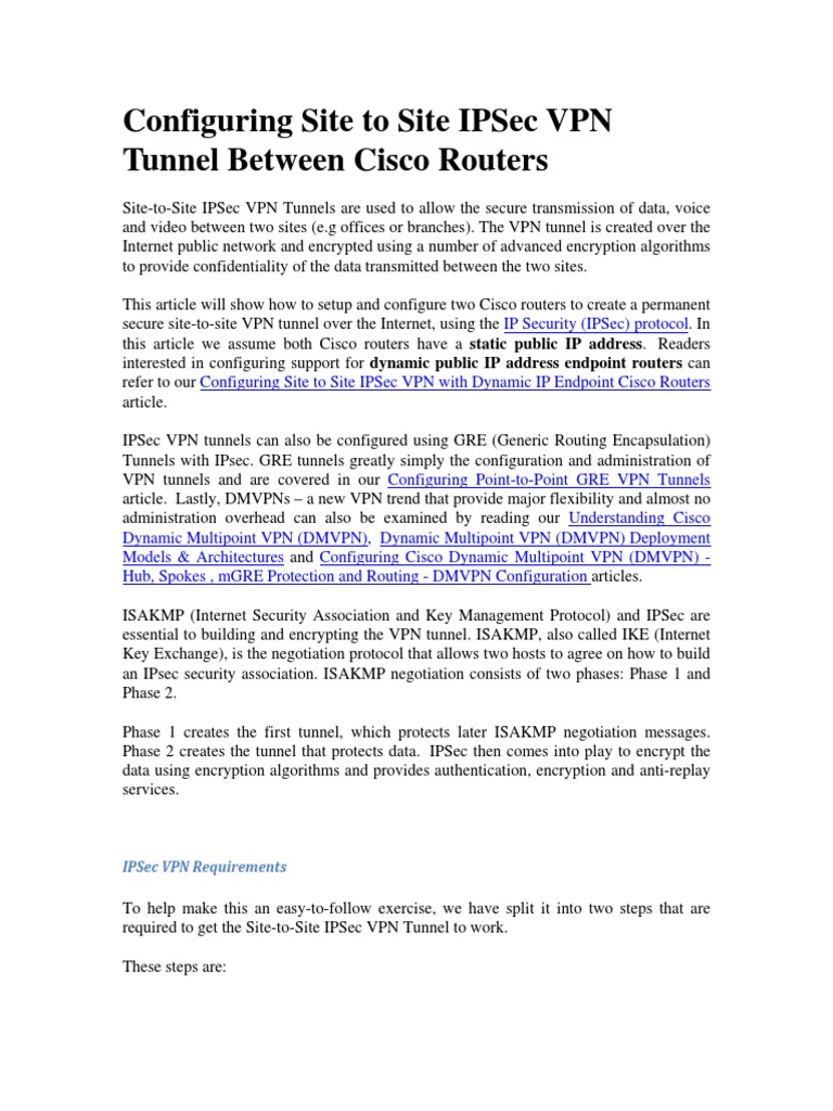 Configuring Site To Site IPSec VPN Tunnel Between Cisco Routers | PDF | Virtual Private Network ...
