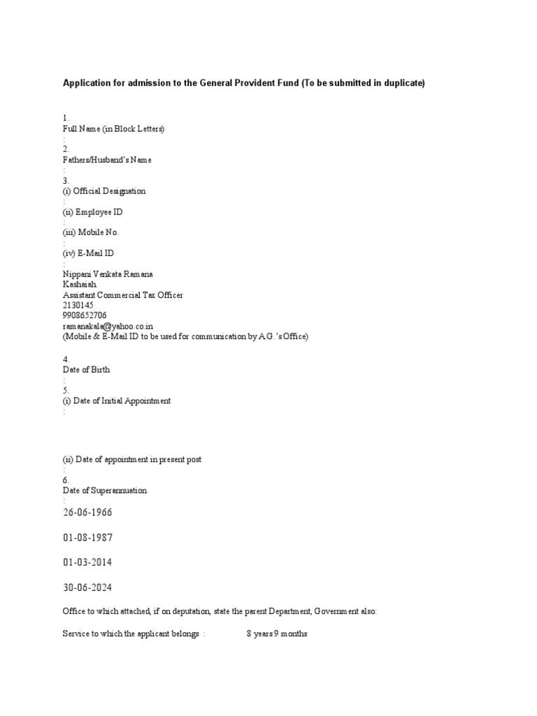 Application For Admission To The General Provident Fund | PDF