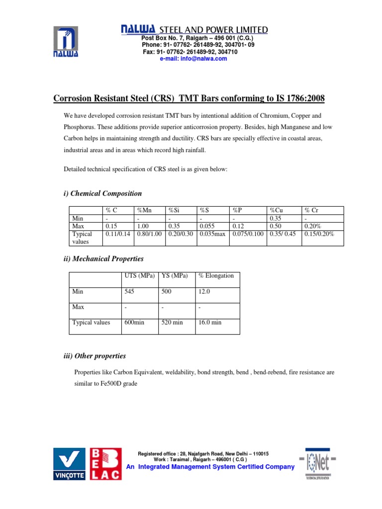 CRS TMT Bars: Specifications & Properties | PDF | Computers ...