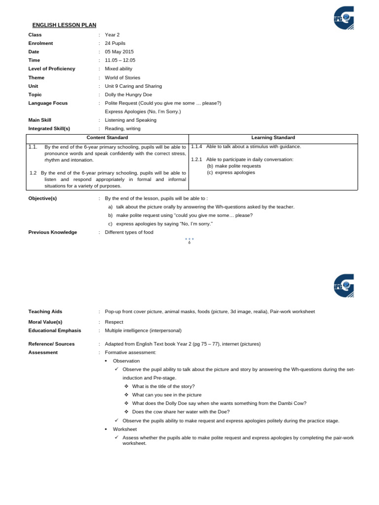 Unit 9 Caring and Sharing Year 2 KSSR Lesson Plan | PDF | Lesson Plan ...