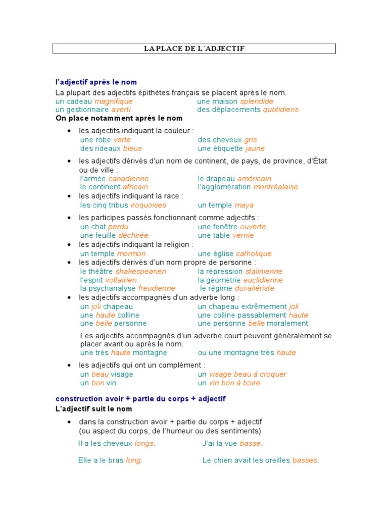 Placement des adjectifs en français | PDF | Chiens | Bleu