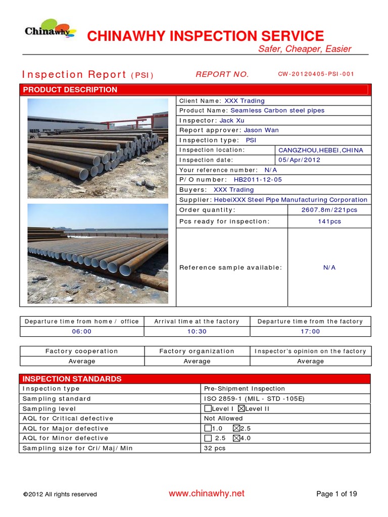 Pre Shipment Inspection (PSI) Report of Steel Piles PDF | PDF