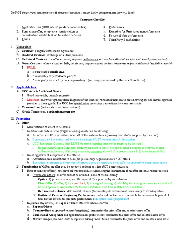Contracts Outline | Assignment (Law) | Offer And Acceptance