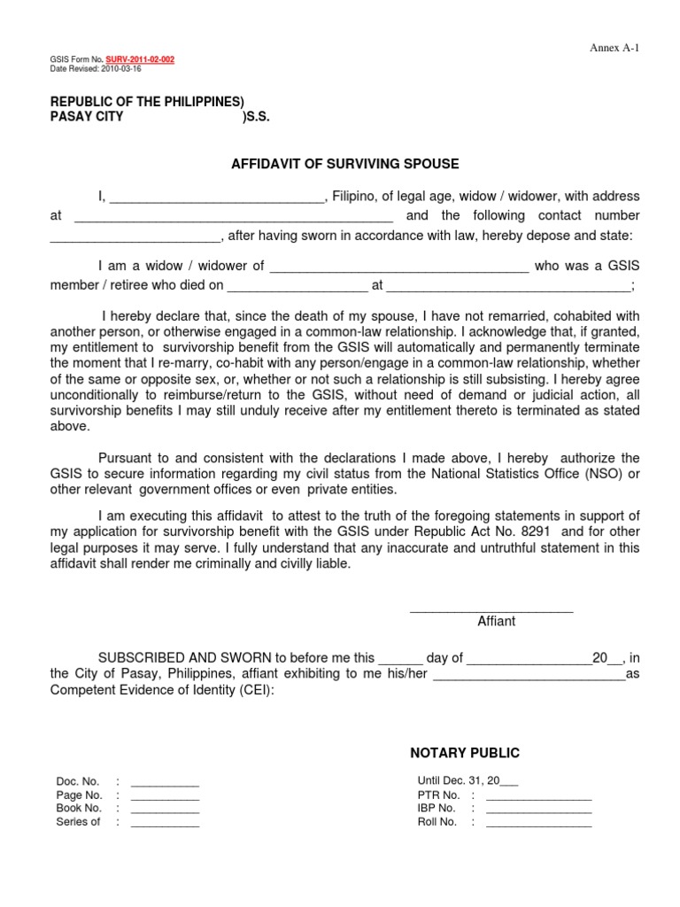 Affidavit of Surviving Spouse Form | PDF