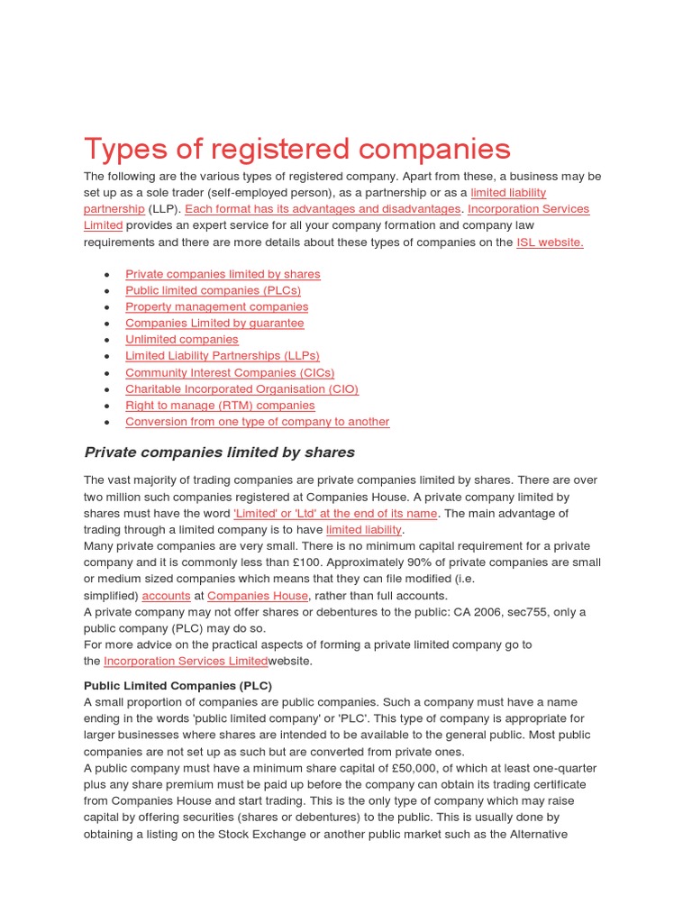 Types Of Registered Companies Download Free Pdf Limited Liability