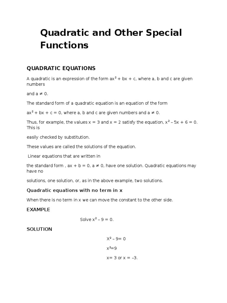 Quadratic and Other Special Functions 1 | PDF | Quadratic Equation ...