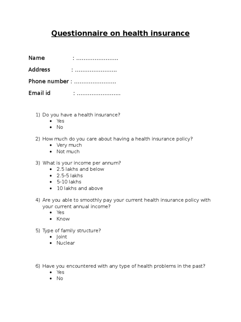 Questionnaire On Health Insurance | Insurance | Service Industries