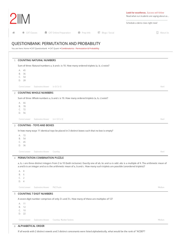 CAT Level Permutation and Combination, Probability Questions | PDF ...
