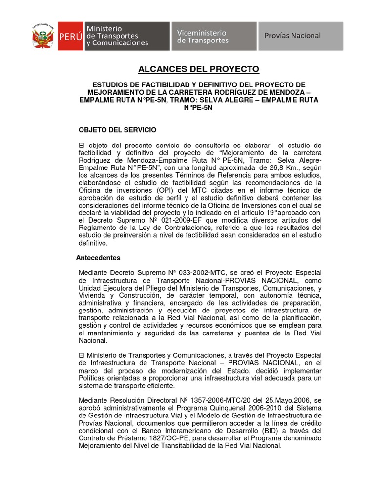 Alcances Del Proyecto - Estudio de Factibilidad Carretera | PDF | La carretera | Transporte