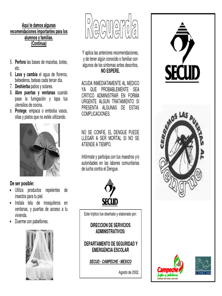 Triptico informativo Dengue | Ciencias de la Salud | Bienestar
