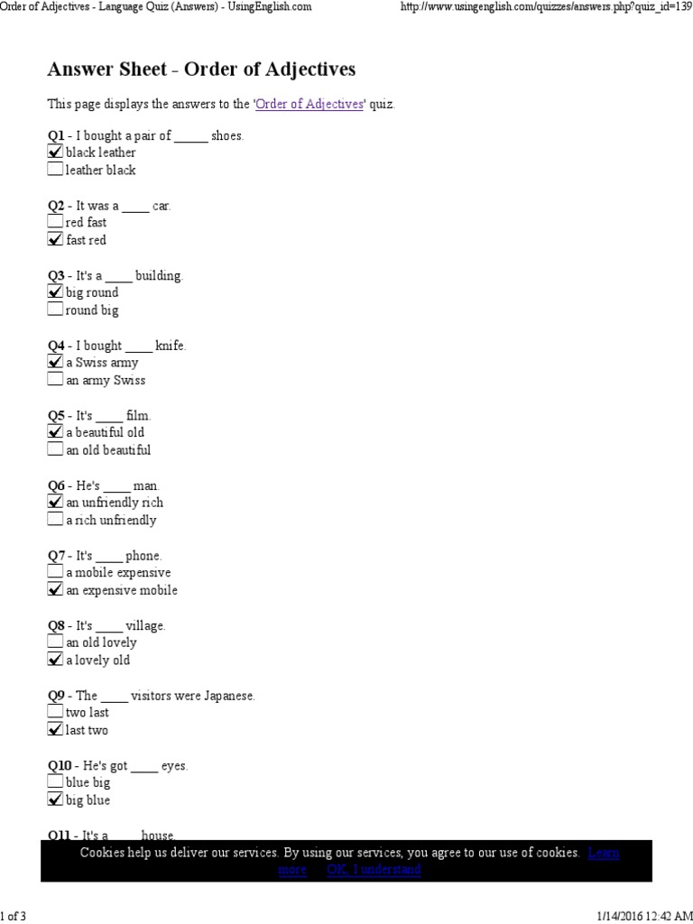Order of Adjectives Quiz Answers | PDF | Language Arts & Discipline