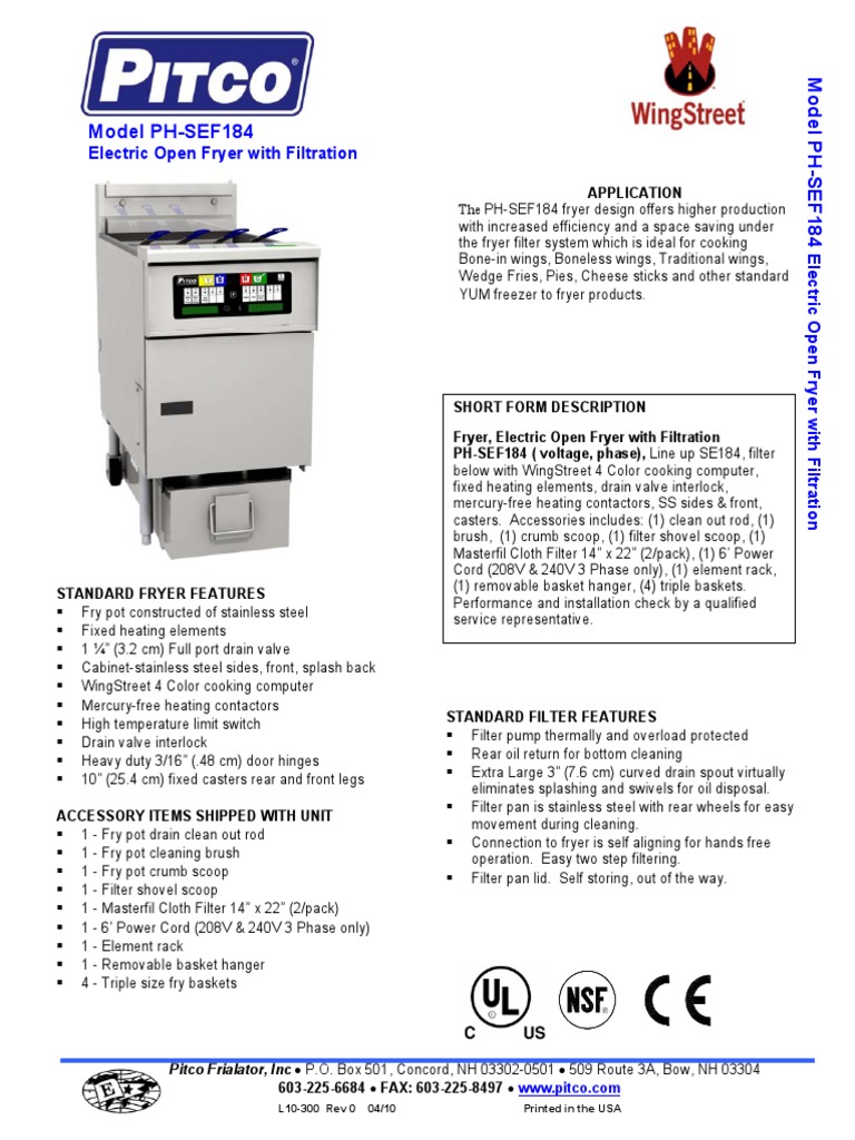 Pitco Model PH-SEF184 | PDF | Cookware And Bakeware | Filtration