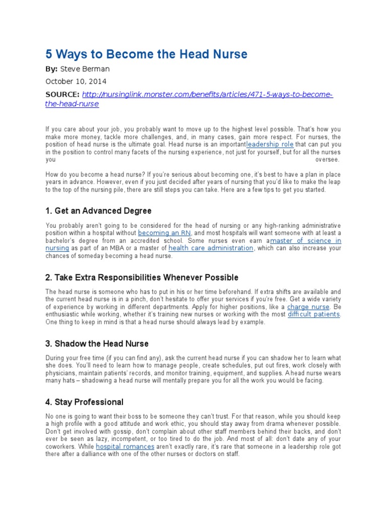 5 Ways To Become The Head Nurse | PDF | Nursing | Medical Error