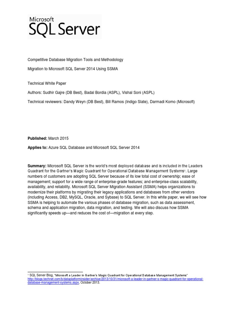 Migration To Microsoft Sql Server 2014 Using Ssma Pdf Microsoft Sql Server Databases