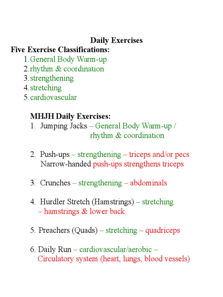 Daily Exercise Classifications Guide | PDF