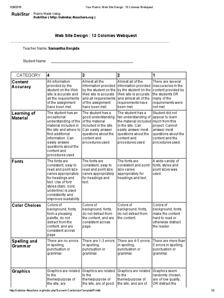 Your Rubric Web Site Design 13 Colonies Webquest | PDF | Web Design | Text