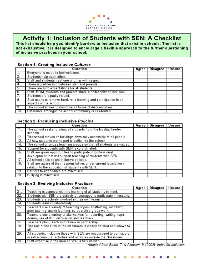 Barriers To Inclusion Checklist New | PDF | Inclusion (Education) | Sharing