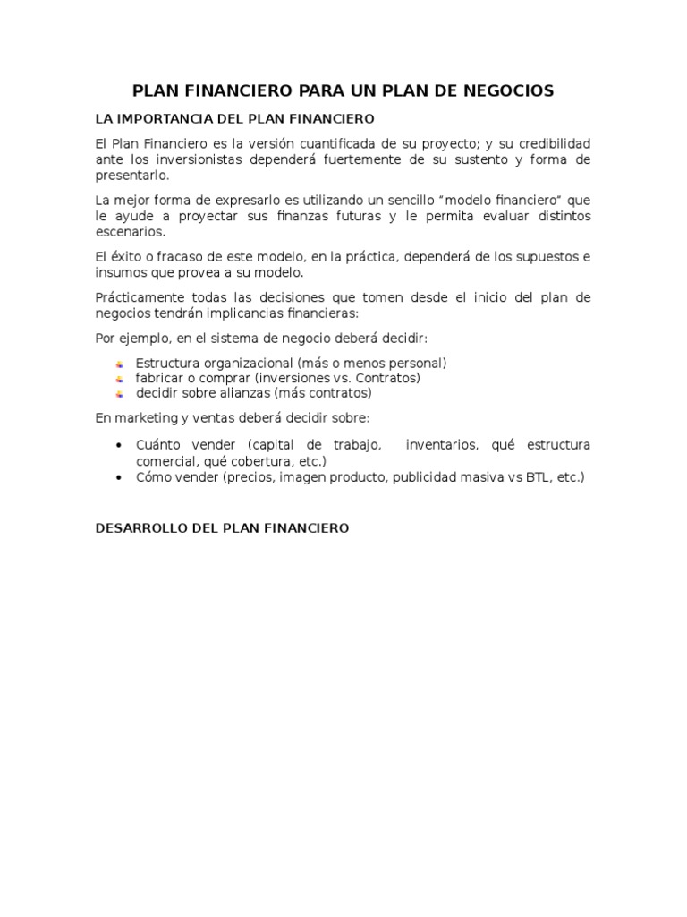 Plan Financiero para Un Plan de Negocios | PDF | Presupuesto | Economias