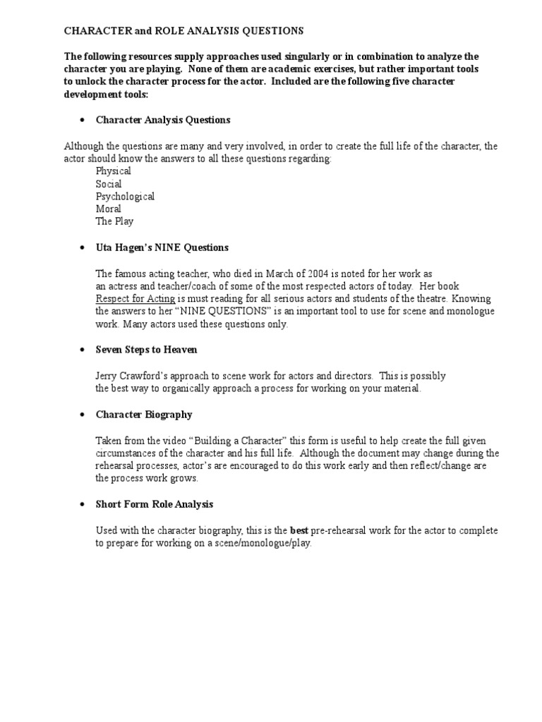 Character and Role Analysis Resources | PDF | Acting | Actor