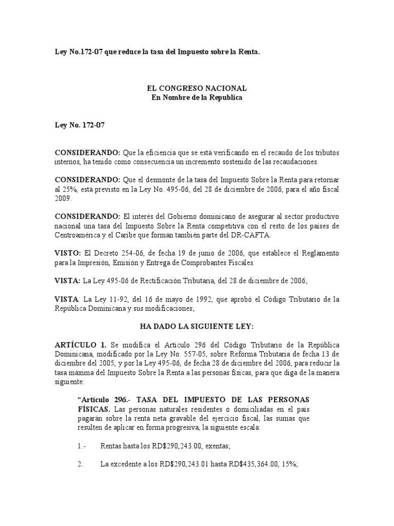 Ley No.172-07 Que Reduce La Tasa Del Impuesto Sobre La Renta | PDF ...