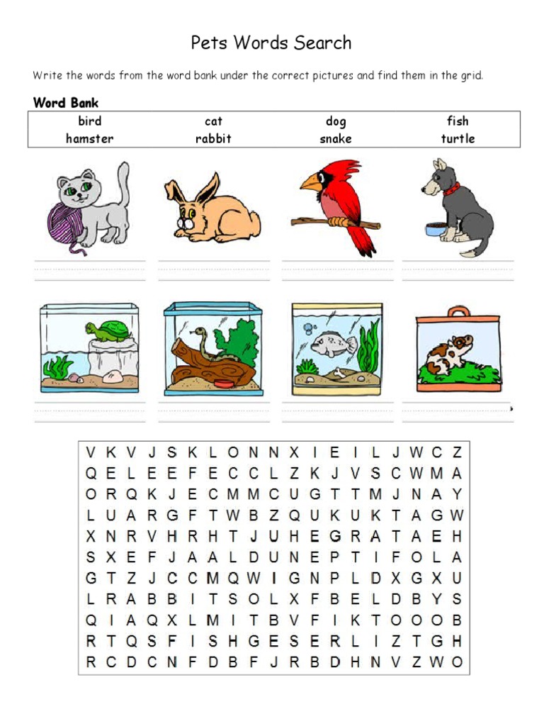 Pets Words Search: Bird Cat Dog Fish Hamster Rabbit Snake Turtle | PDF ...