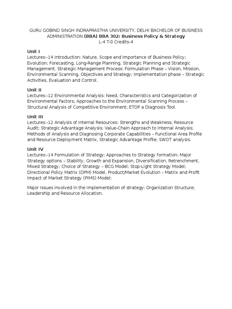 BBA 6th Sem Syllabus IPU | PDF | Strategic Management | Entrepreneurship