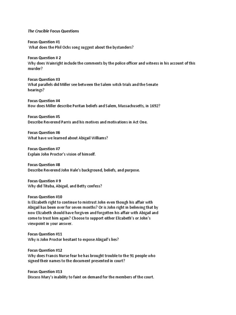The Crucible Study Questions Guide | PDF