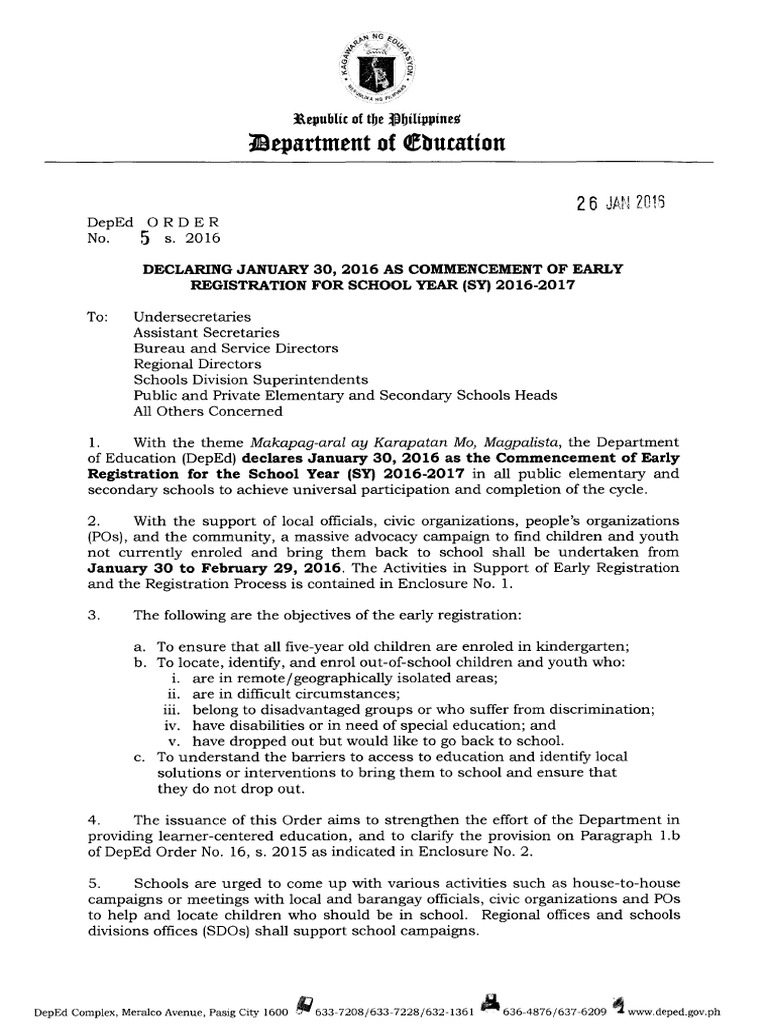 DepEd Early Registration For School Year 2016-2017 | PDF